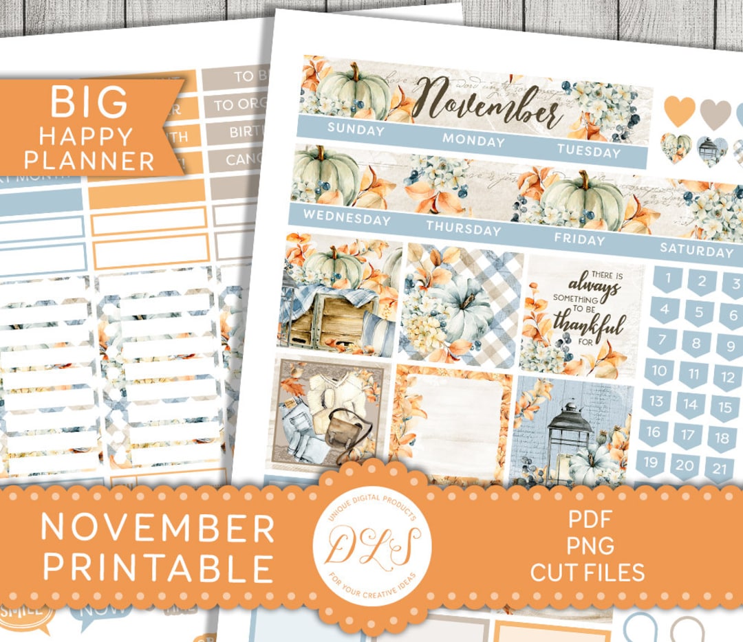 NOVEMBER Monthly Stickers Kit, Printable Big Happy Planner Stickers ...
