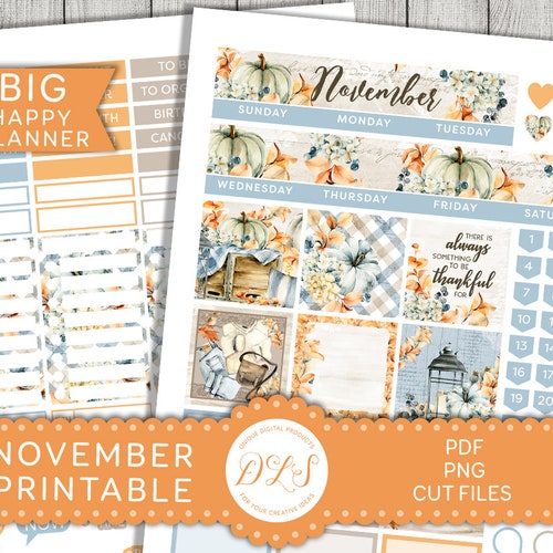 NOVEMBER Monthly Stickers Kit Printable Big Happy Planner - Etsy