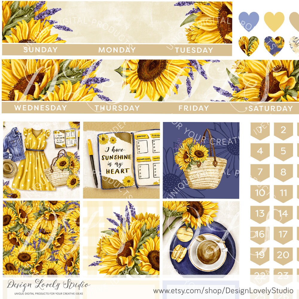 PRINTABLE Happy Planner Monthly Kit, Sunflowers Planner Stickers ...