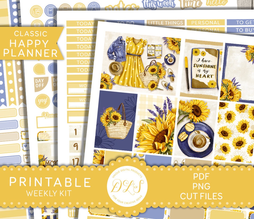 SUNFLOWER Planner Stickers, Happy Planner Weekly Stickers Kit, Floral ...