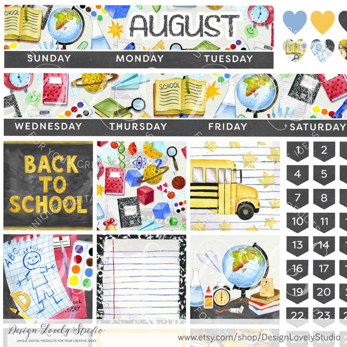 Back to School Planner Stickers PRINTABLE August Monthly Kit | Etsy