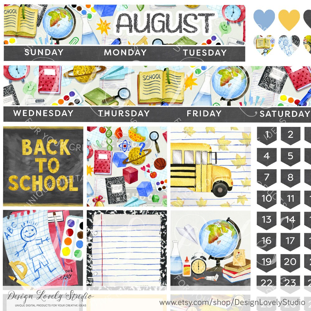 Back to School Planner Stickers, PRINTABLE August Monthly Kit, Big ...