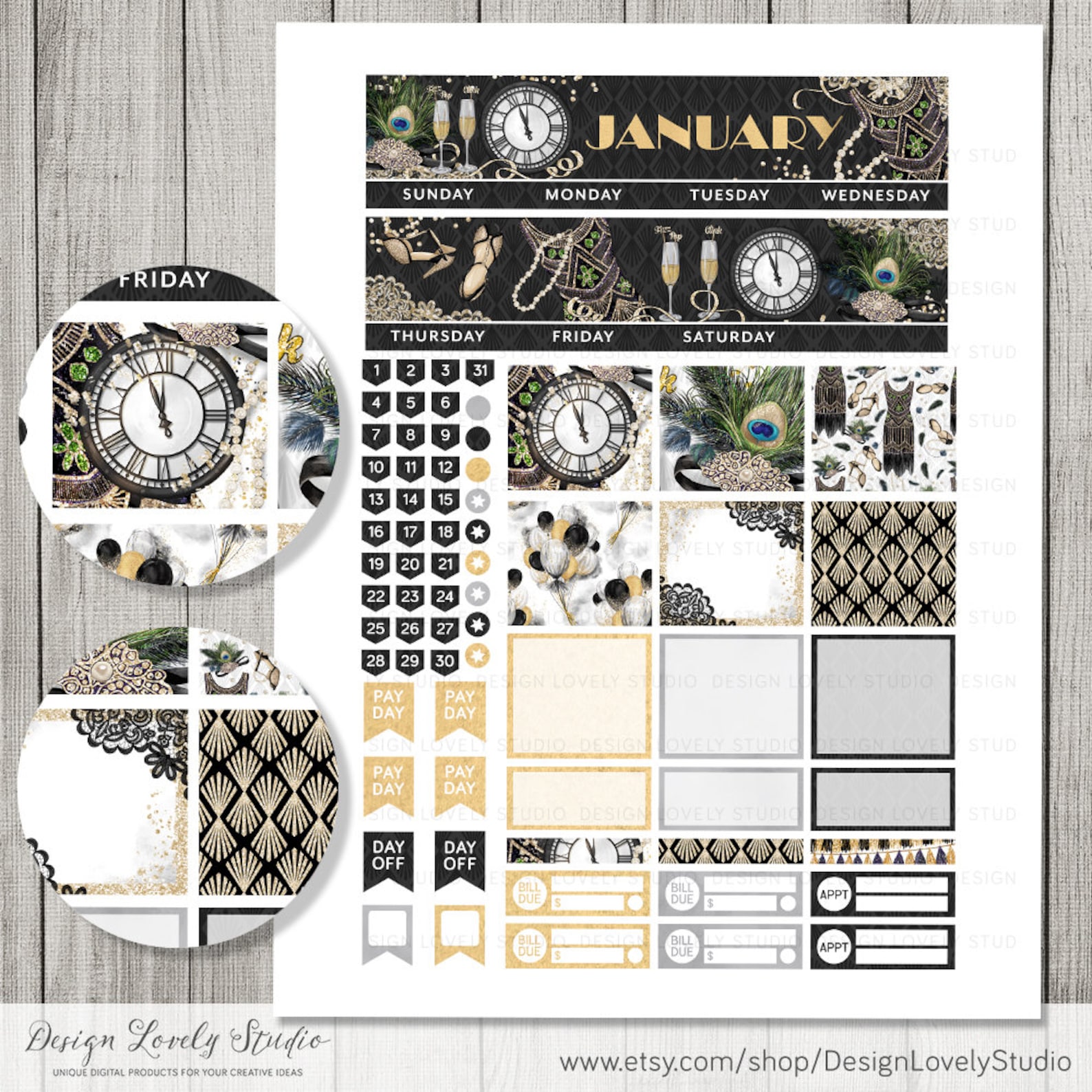 Printable January Monthly Planner Stickers, Black Gold January Monthly ...