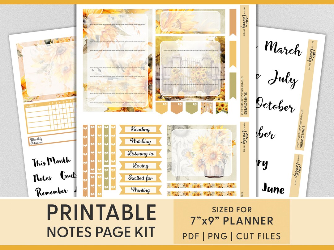 Sunflowers Notes Page Kit, Printable Floral Planner Stickers, Erin ...