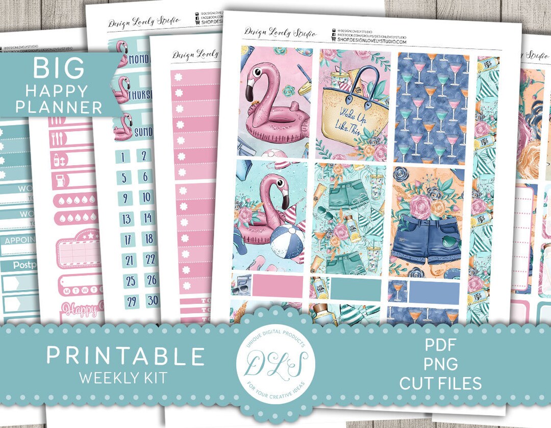 Beach Day Planner Stickers, Big Happy Planner Printable Stickers Kit ...