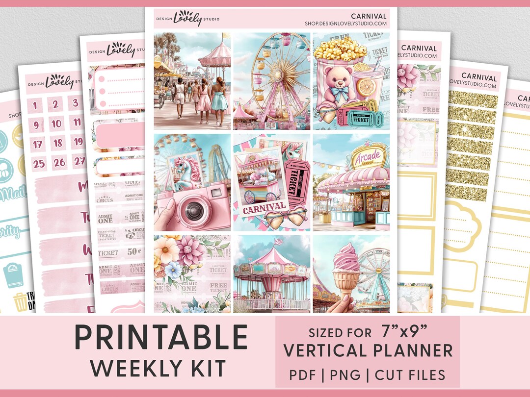 Printable Carnival Planner Stickers, Summer Fair Vertical Weekly ...