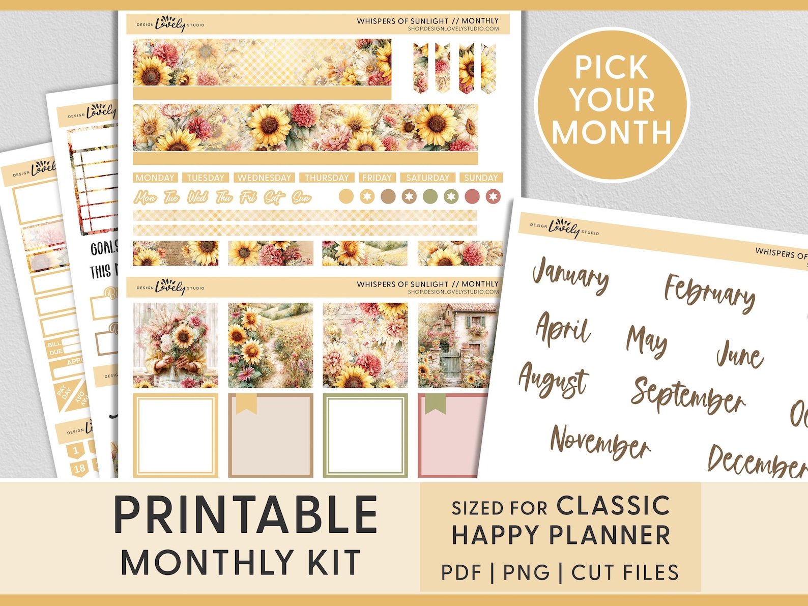 Sunflower Monthly Kit – Printable Stickers for Happy Planner, Undated ...