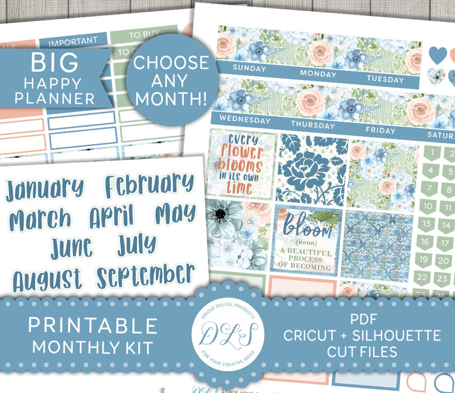 Printable FLORAL Monthly Stickers Kit Big Happy Planner | Etsy