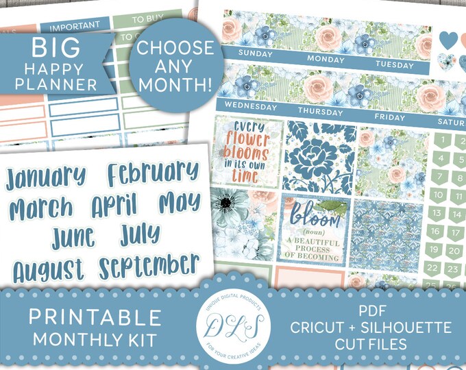 Printable FLORAL Monthly Stickers Kit Big Happy Planner - Etsy