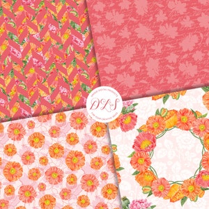 Floral Digital Paper: "beautiful Bouquet" Poppies Background Pink ...