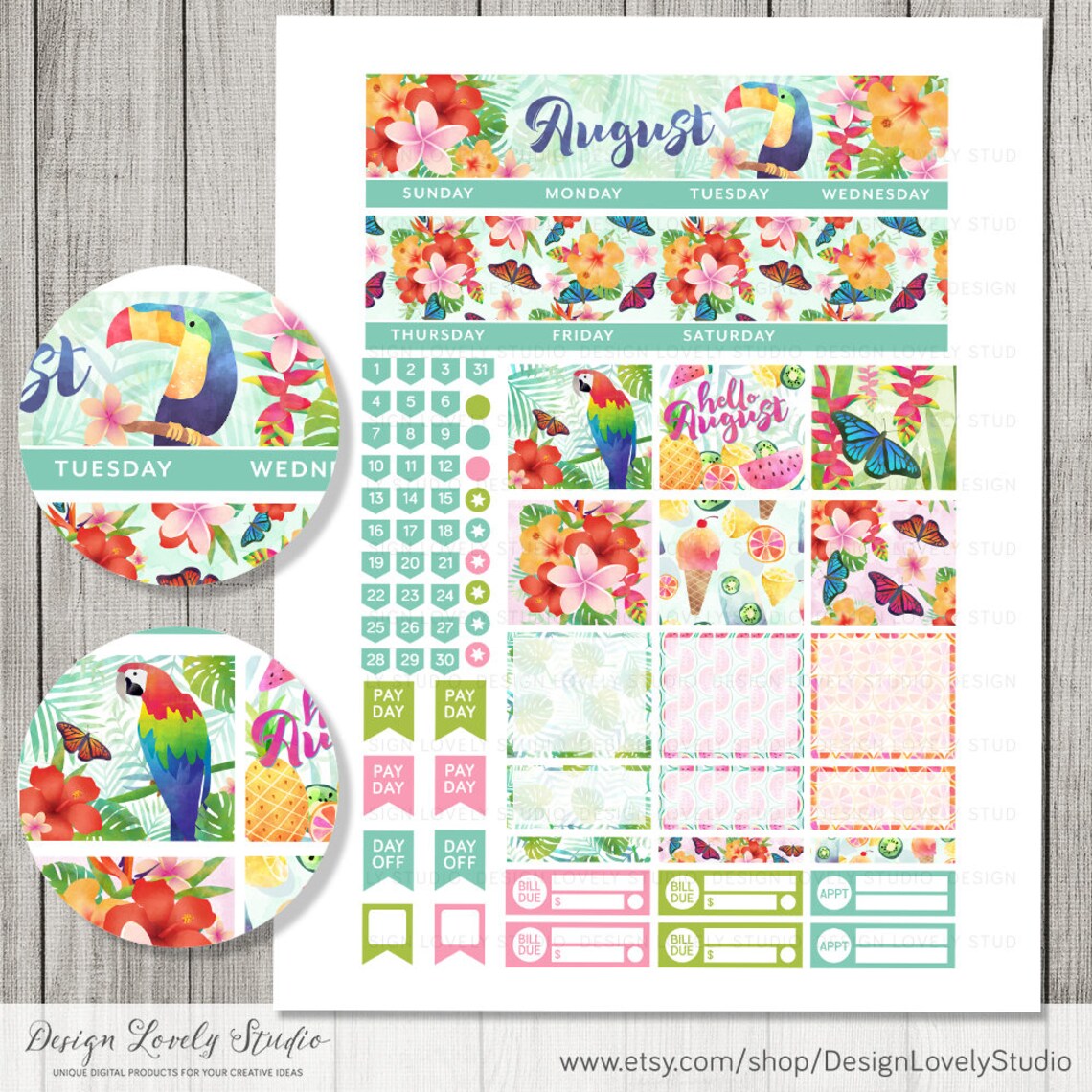 August Monthly Kit Printable August Monthly Stickers August | Etsy