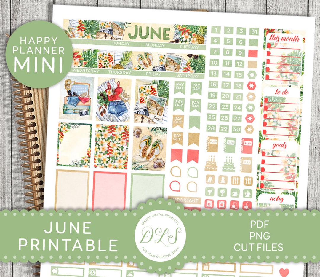 June Planner Stickers, Mini Happy Planner Printable Stickers, Printable ...