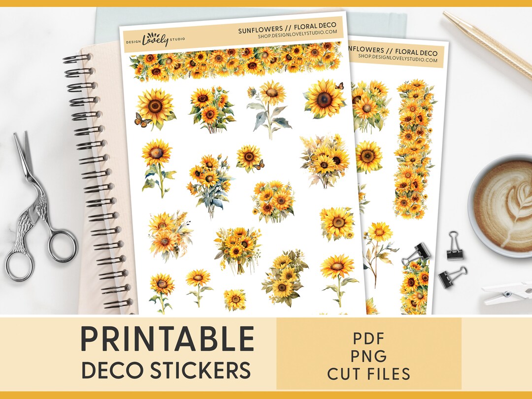 Sunflowers Journaling Stickers, Floral Deco Stickers, Summer Planner ...