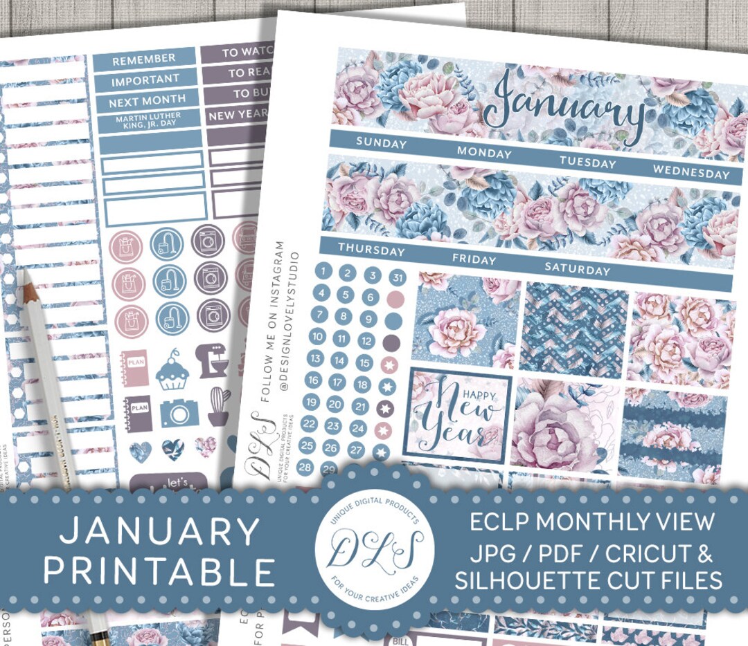 January Monthly Stickers Kit, January Monthly View Kit, Planner ...
