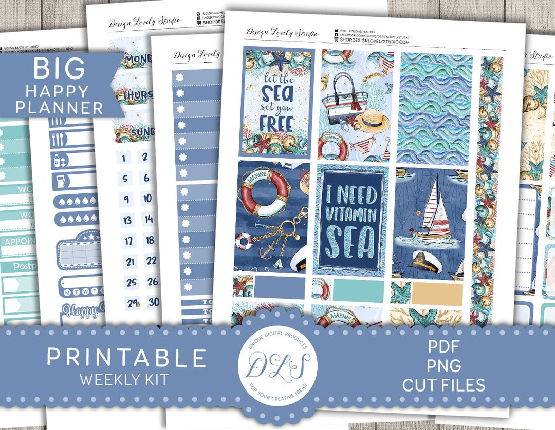 Beach Day Planner Stickers, Big Happy Planner Printable Stickers Kit ...