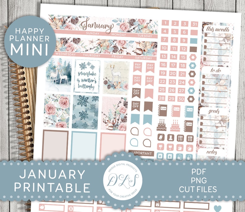 Printable JANUARY Monthly Kit Mini Happy Planner January | Etsy