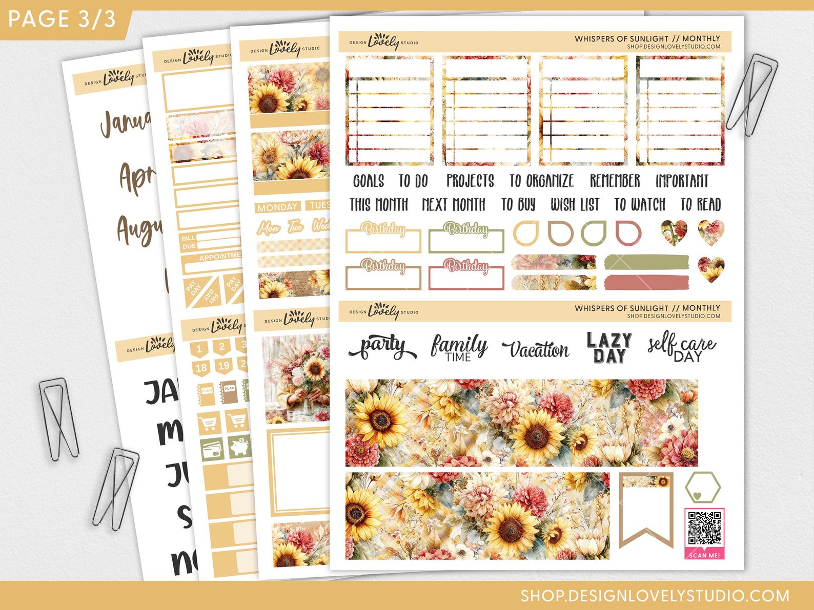 Sunflower Monthly Kit – Printable Stickers for Happy Planner, Undated ...
