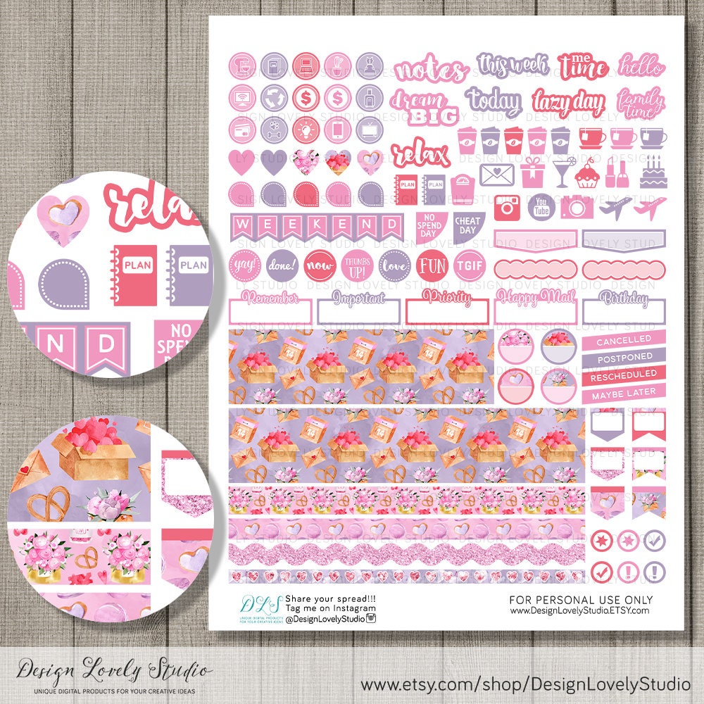 Printable VALENTINE'S DAY Planner Stickers Kit February | Etsy