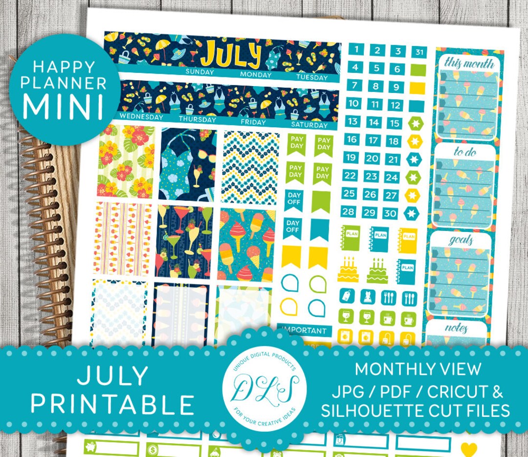 July Monthly Stickers, Mini Happy Planner July, July Monthly View, July ...