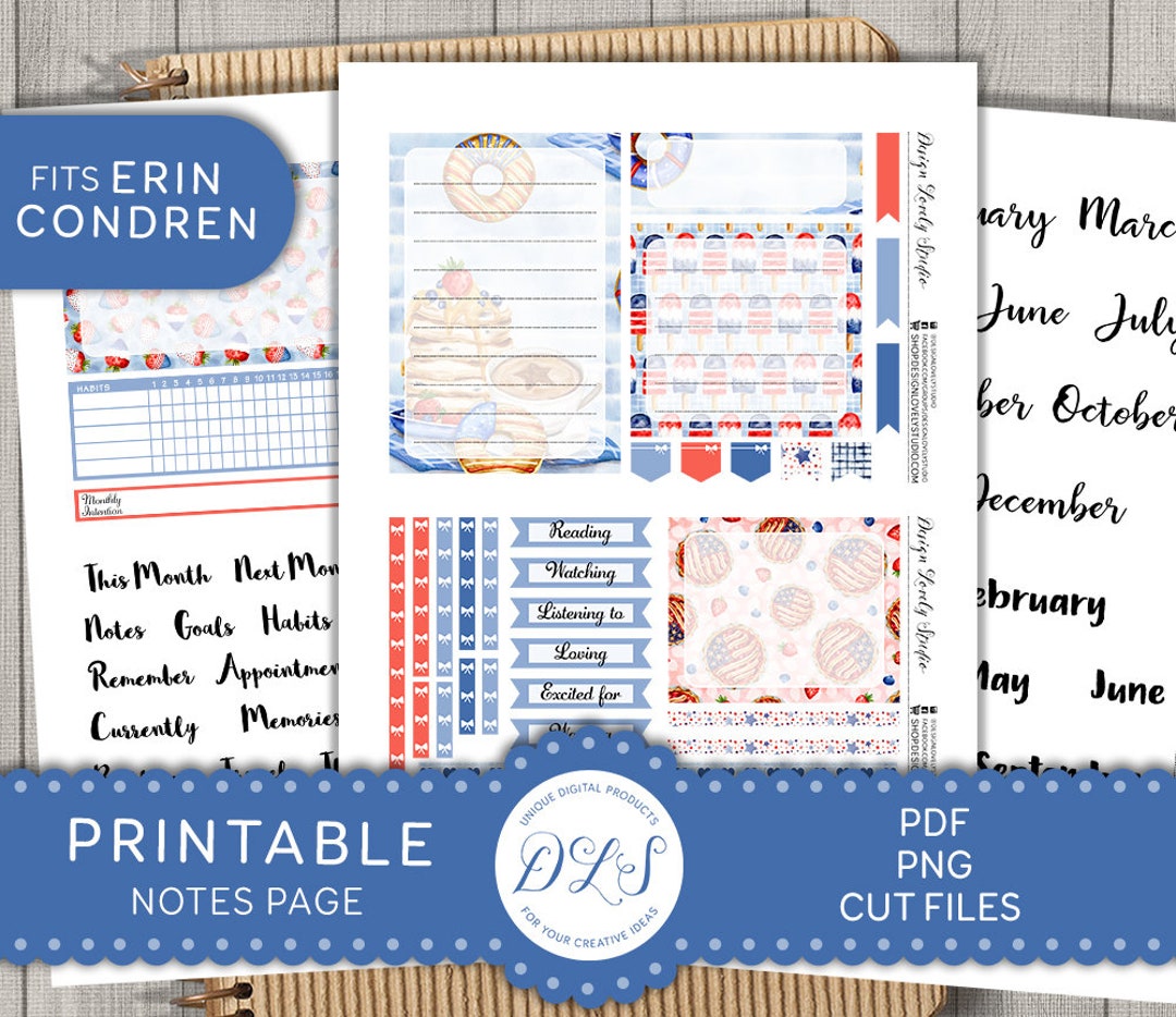 PRINTABLE July Notes Page Stickers Kit, Erin Condren July Notes Page ...