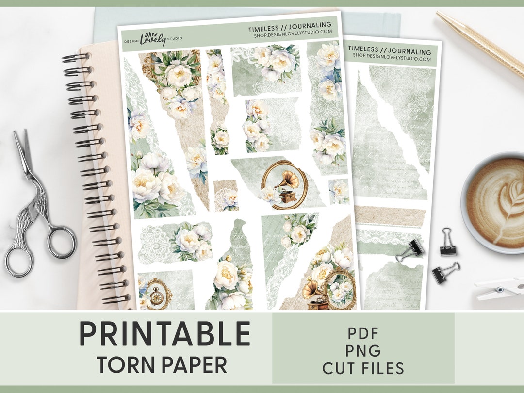 Printable Floral Junk Journal Stickers, Torn Paper Stickers, Spring ...