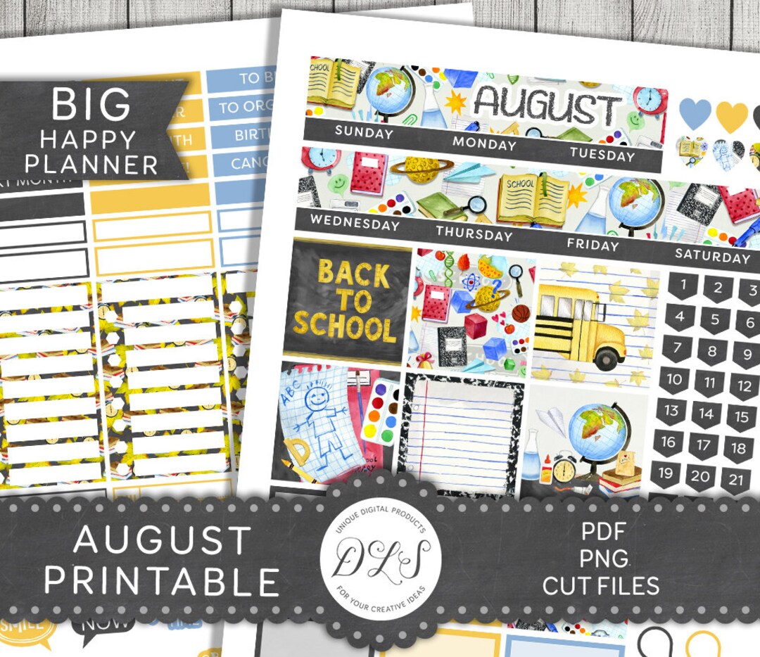Back to School Planner Stickers, PRINTABLE August Monthly Kit, Big ...