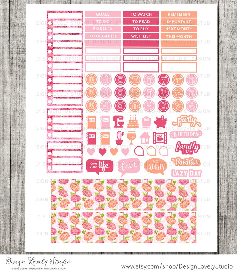 Printable Monthly Planner Stickers Kit, Pink Floral Planner Stickers ...