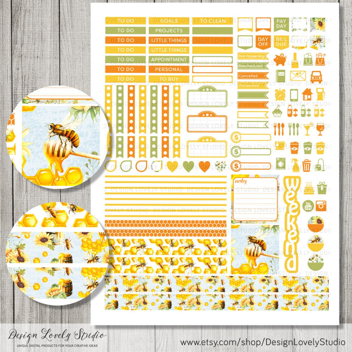 HONEY BEE Planner Stickers Kit, Mini Happy Planner Printable Stickers ...