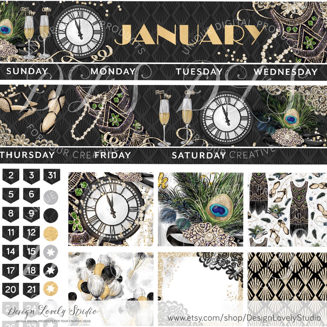 Printable January Monthly Planner Stickers, Black Gold January Monthly ...