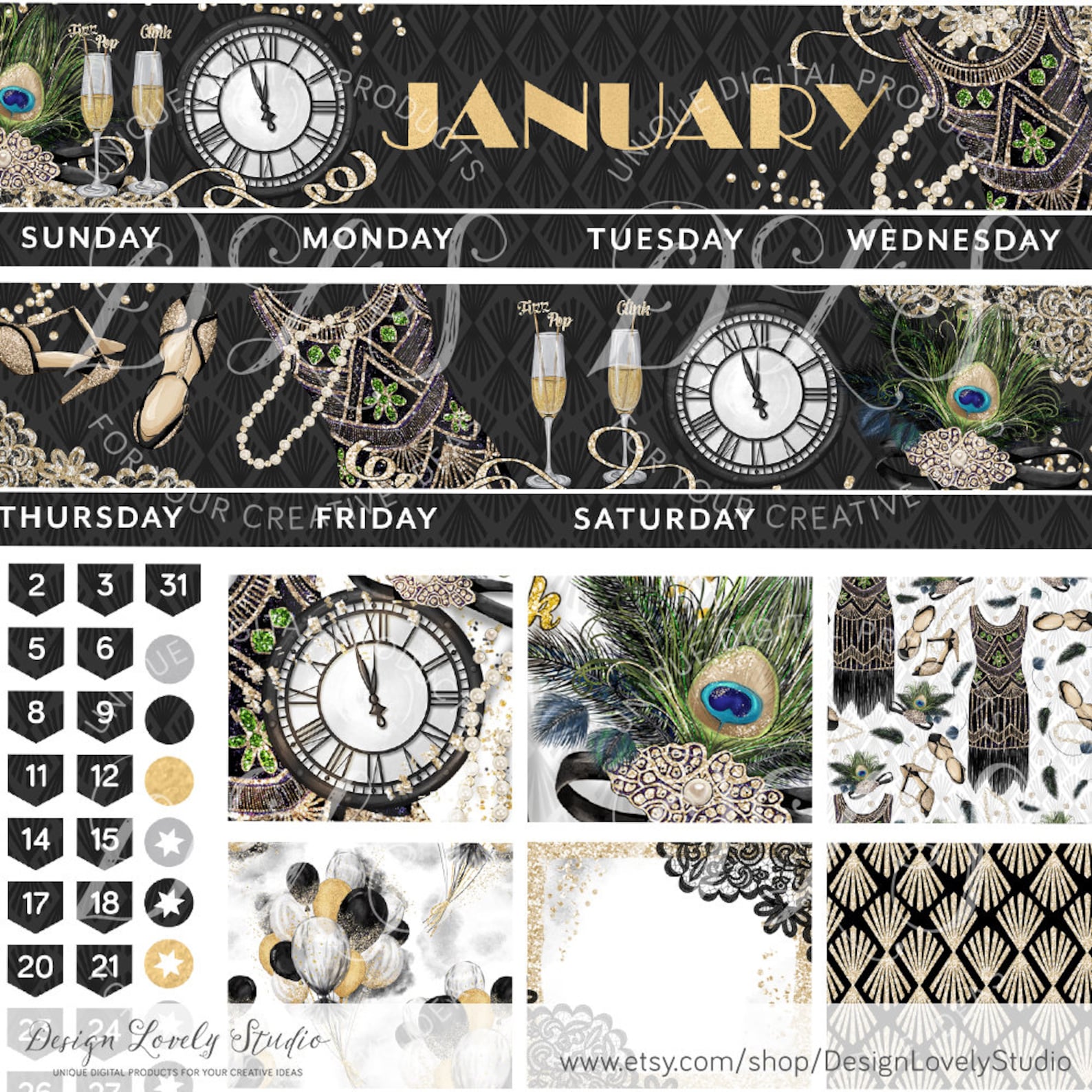 Printable January Monthly Planner Stickers, Black Gold January Monthly ...