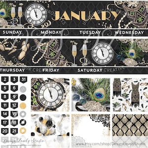 Printable January Monthly Planner Stickers, Black Gold January Monthly ...