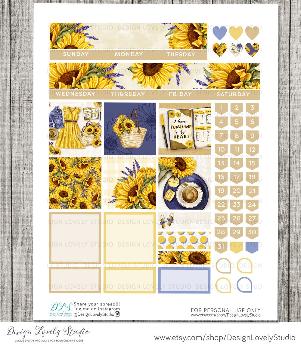 SUNFLOWERS Printable Planner Stickers, Big Happy Planner Stickers ...
