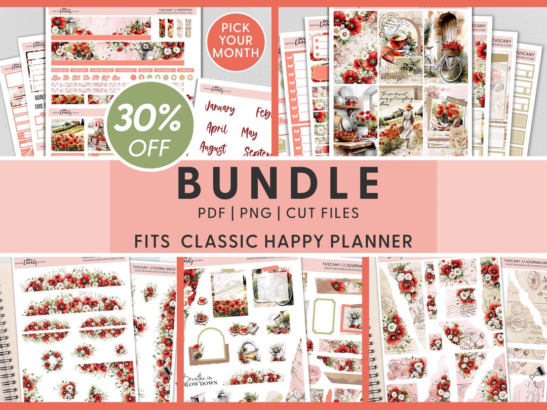 Tuscany Poppies Planner Stickers Bundle – Weekly, Monthly, Journaling ...