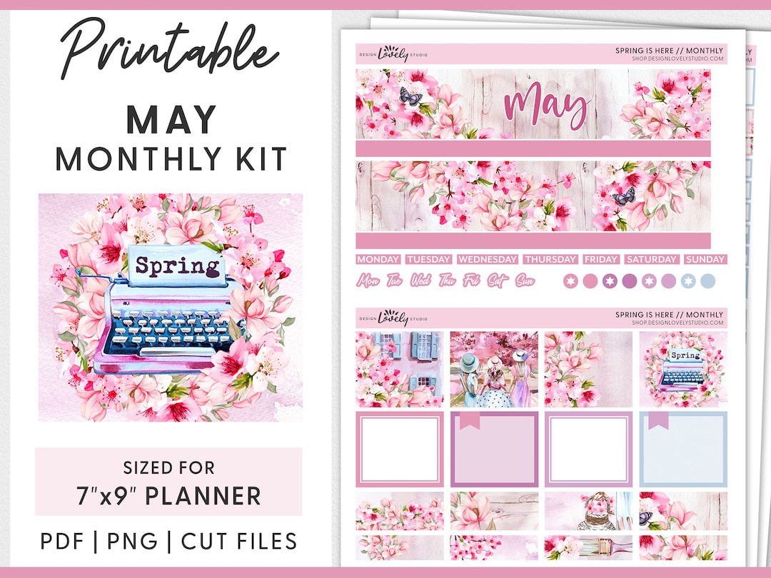 May Monthly Planner Stickers, Spring Planner Stickers, Printable ...