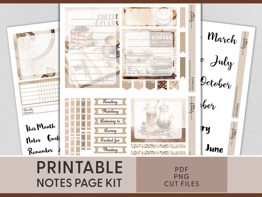 Coffee Lover Printable Planner Stickers, Notes Page Stickers, Dashboard ...
