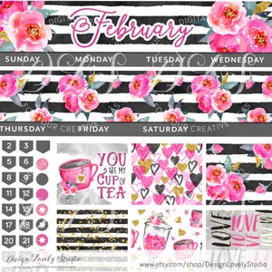 February Monthly Kit, February Printable Planner Stickers, Valentine's ...