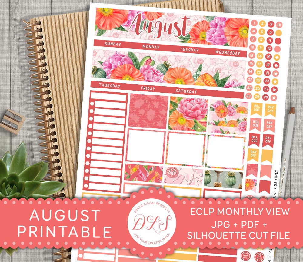 August Monthly Kit August Monthly Stickers August Planner - Etsy