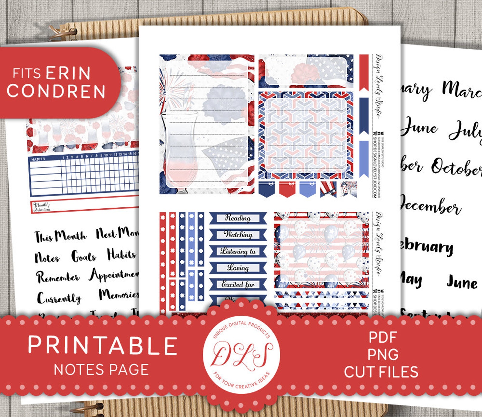 4th of July Planner Stickers, Printable NOTES PAGE Planner Stickers ...
