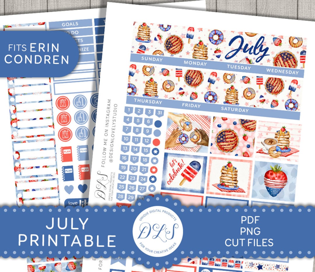 Printable JULY Monthly Stickers Kit, Fits Erin Condren Life Planner ...
