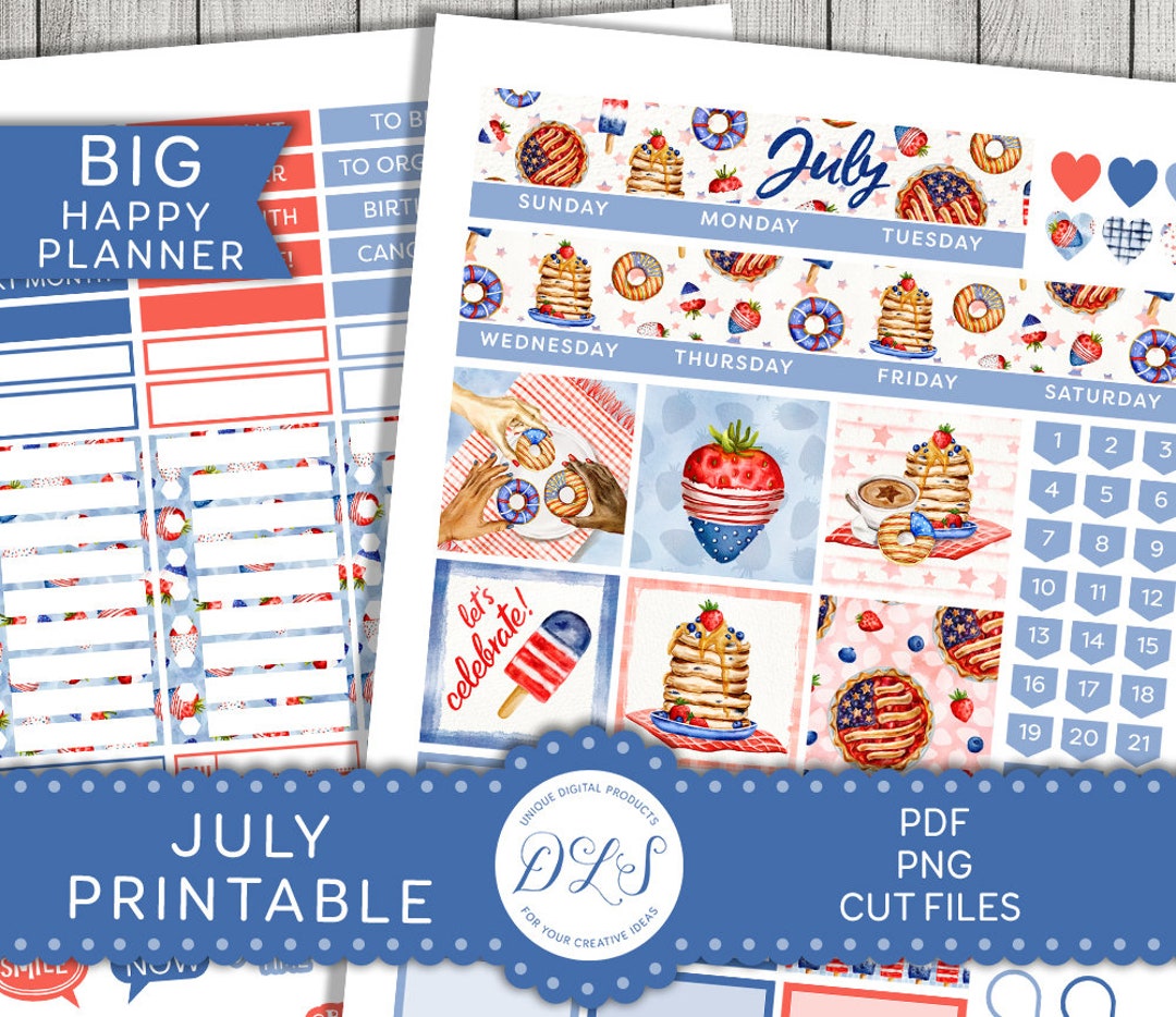 JULY Big Happy Planner Stickers Kit, JULY Printable Monthly Kit, 4th of ...