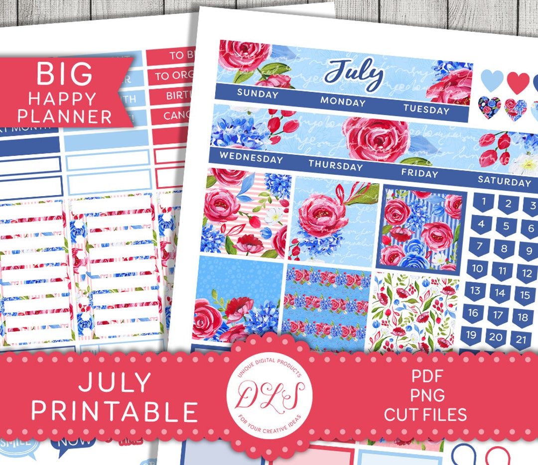 JULY Planner Stickers, Printable Planner Stickers, Big Happy Planner ...