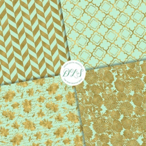 Gold Foil Digital Paper Pack: "mint & Gold" Seamless Pattern Mint ...