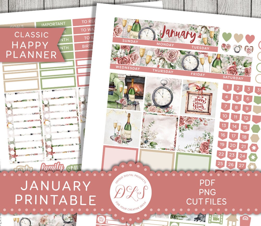 Printable JANUARY Planner Stickers Kit, Happy Planner January Monthly ...