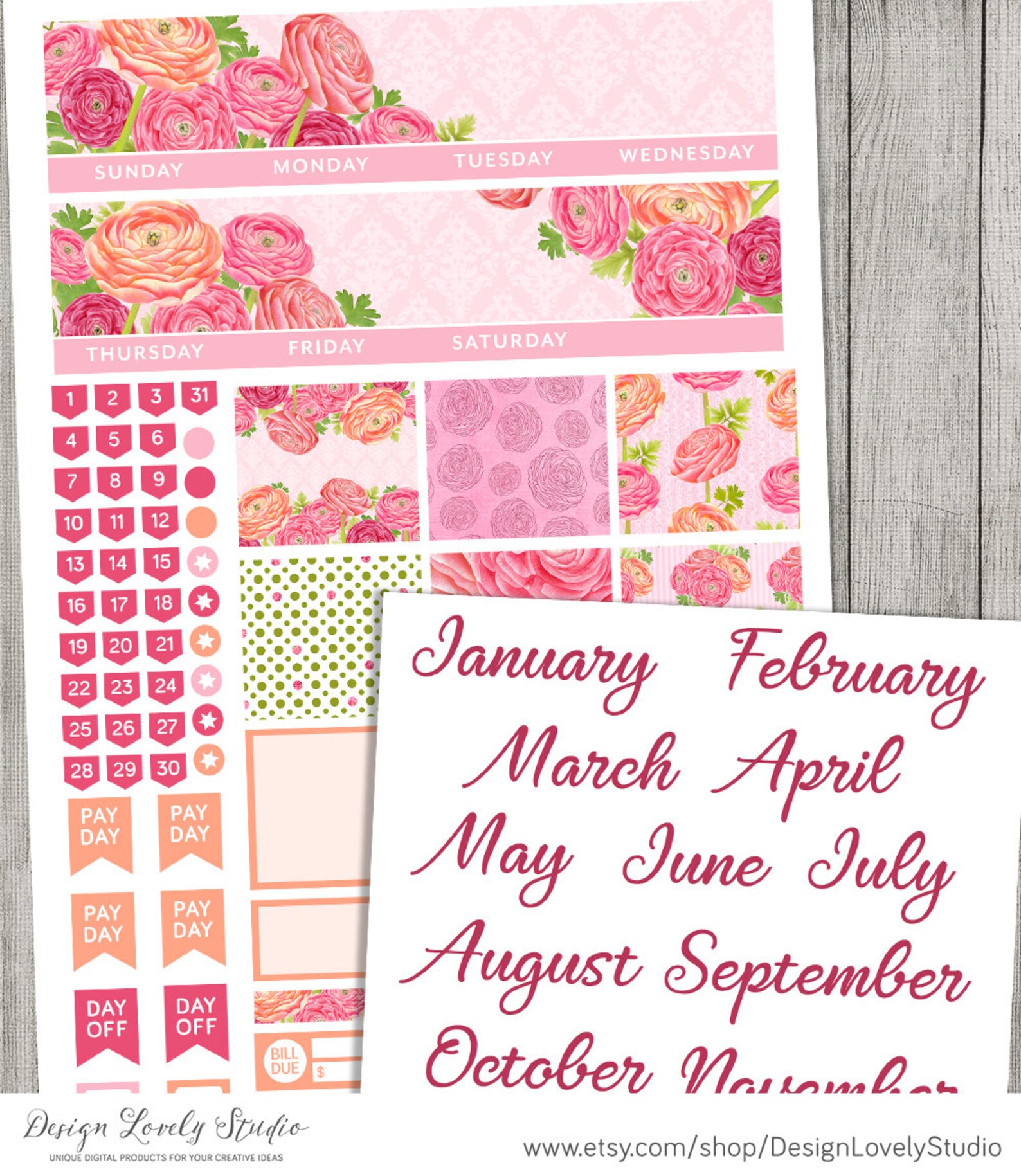 Printable Monthly Planner Stickers Kit, Pink Floral Planner Stickers ...