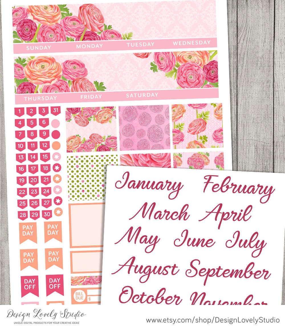 Printable Monthly Planner Stickers Kit Pink Floral Planner | Etsy