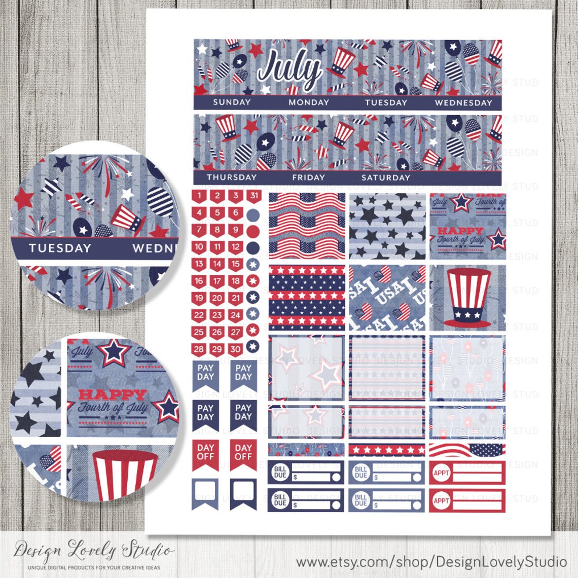 July Monthly View Kit, July Monthly Stickers, ECLP July Stickers, 4th ...