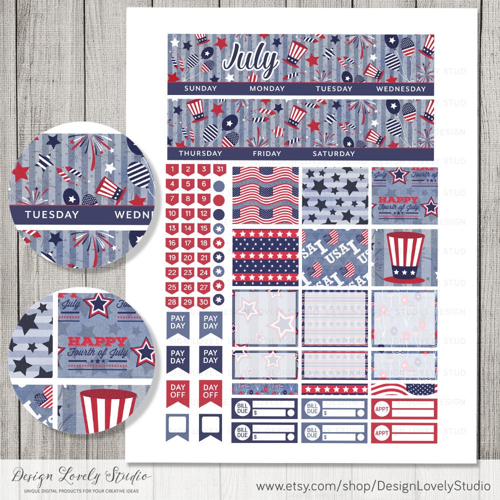 July Monthly View Kit July Monthly Stickers ECLP July - Etsy