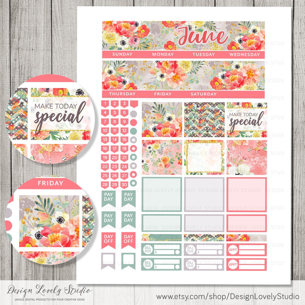 JUNE Printable Planner Stickers, Fits Erin Condren Life Planner ...