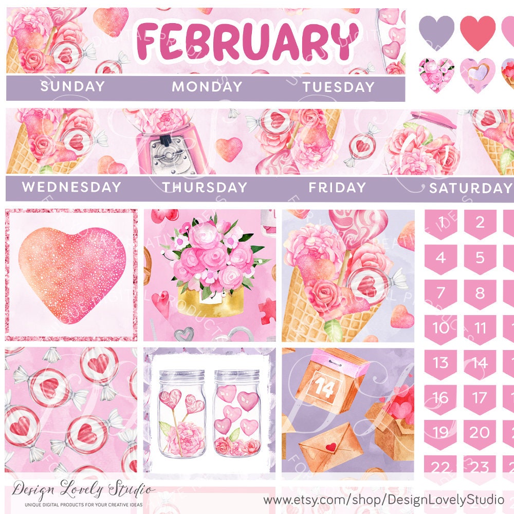 Printable FEBRUARY Monthly Stickers Kit Big Happy Planner - Etsy