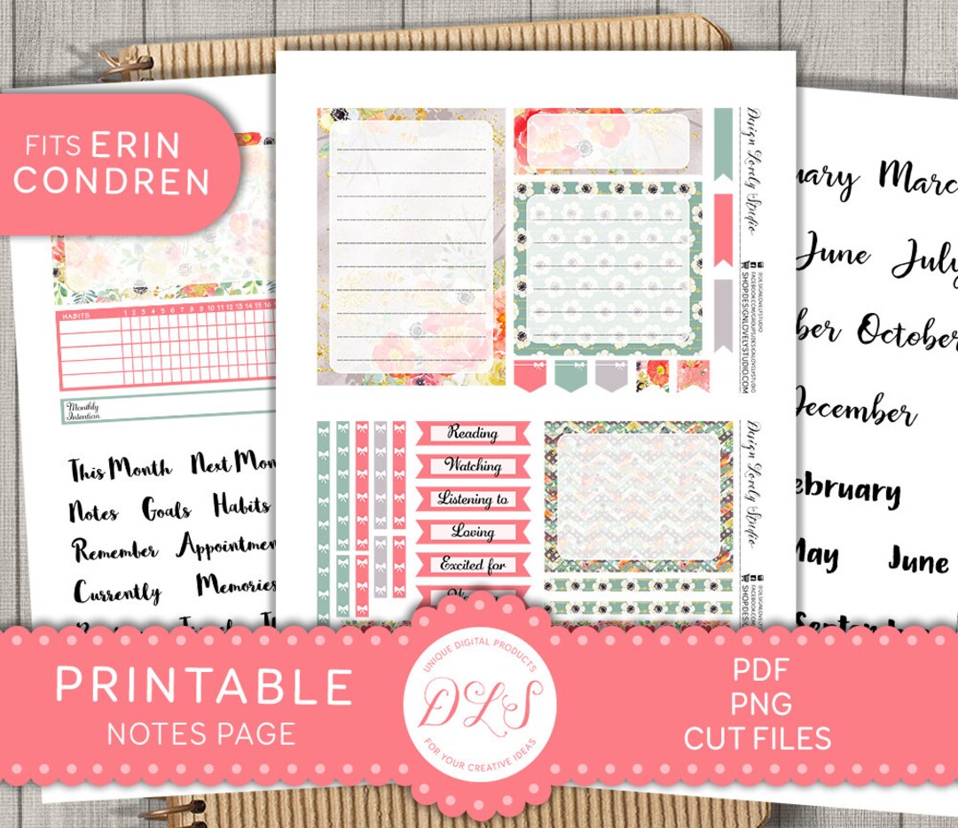 Printable NOTES PAGE Planner Stickers, Floral Notes Page Stickers Kit ...